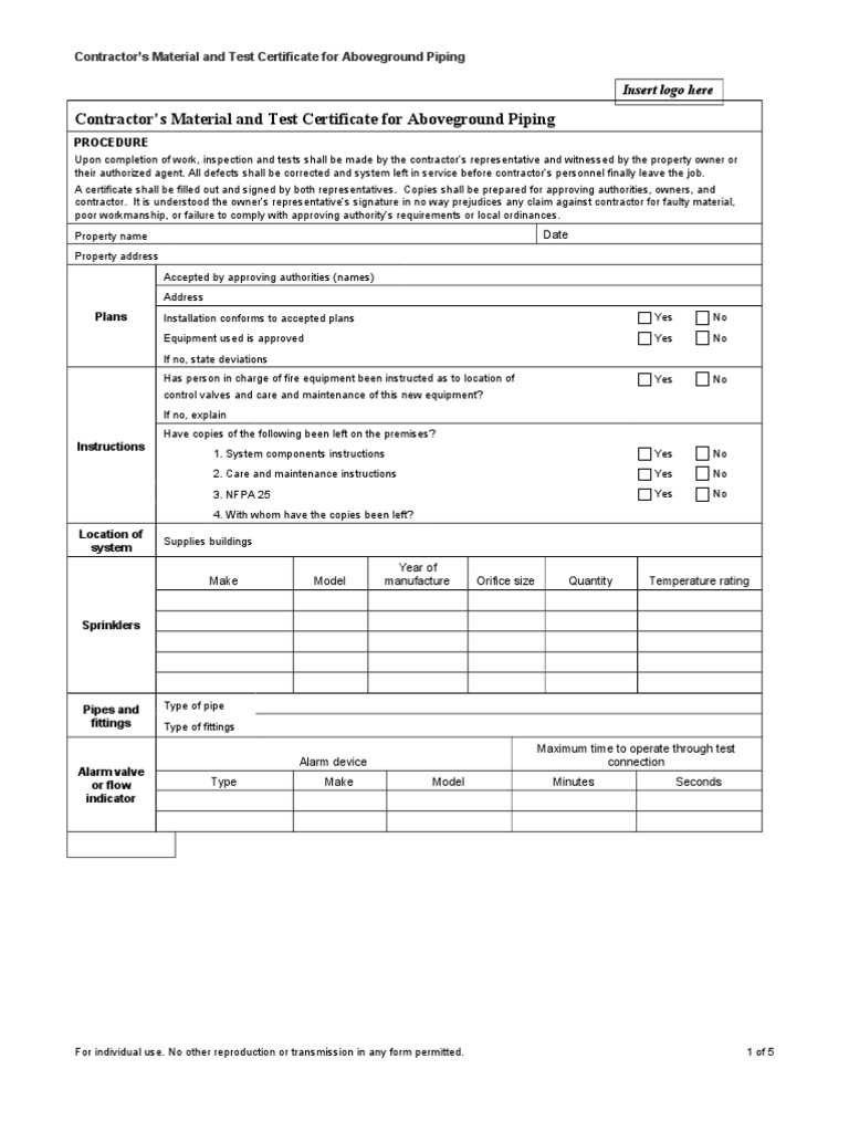 Certificate Aboveground Piping | PDF | Fire Sprinkler System | Valve