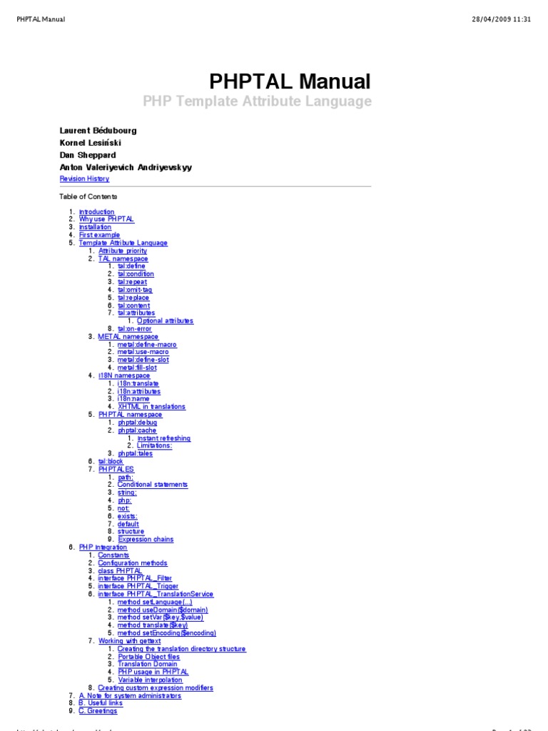 PHPTAL Manual: PHP Template Attribute Language | PDF | Php | Pear