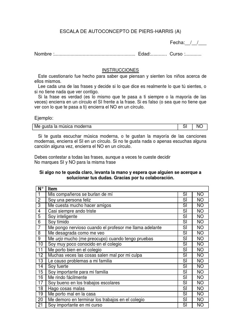 Escala de Autoconcepto de Piers y Harris | Autoestima | Sicología y ...
