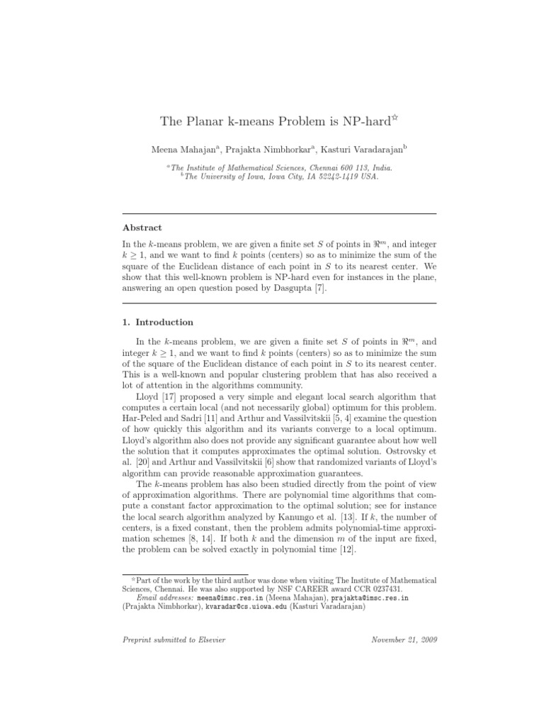 Planar k-means Problem NP-hard | PDF | Time Complexity | Cluster Analysis