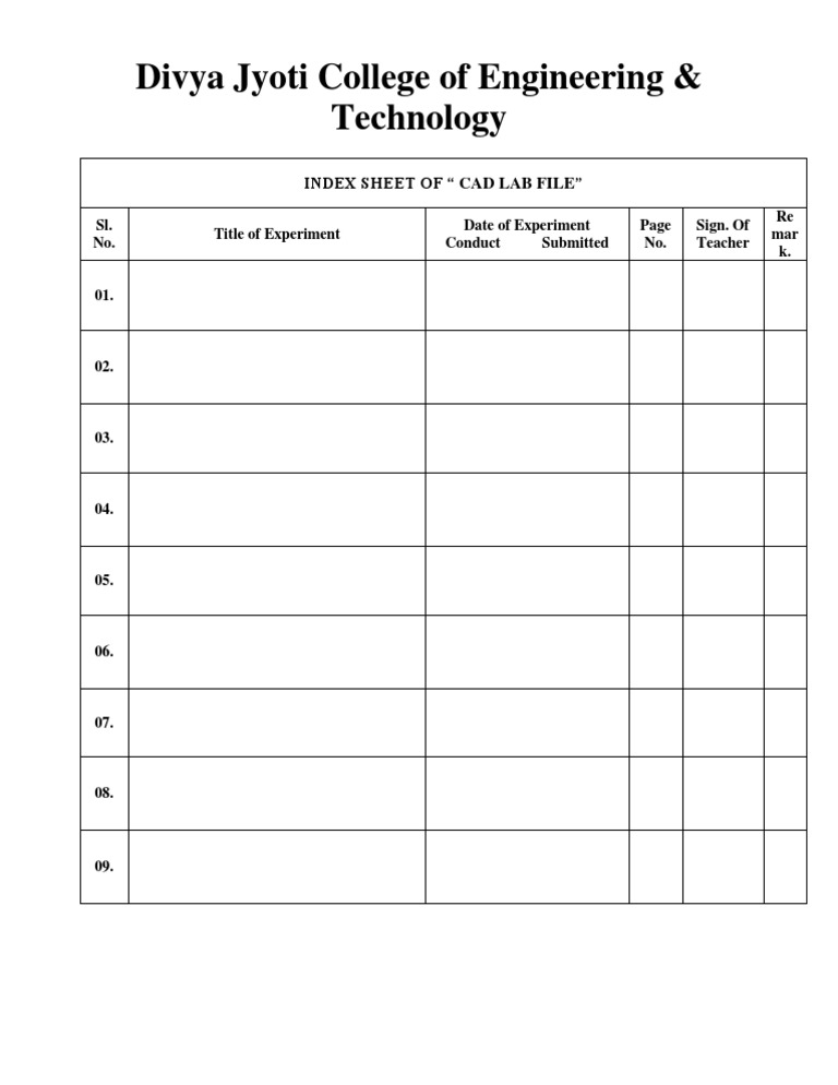 CAD Lab Experiment Index Sheet | PDF | Computers | Technology & Engineering