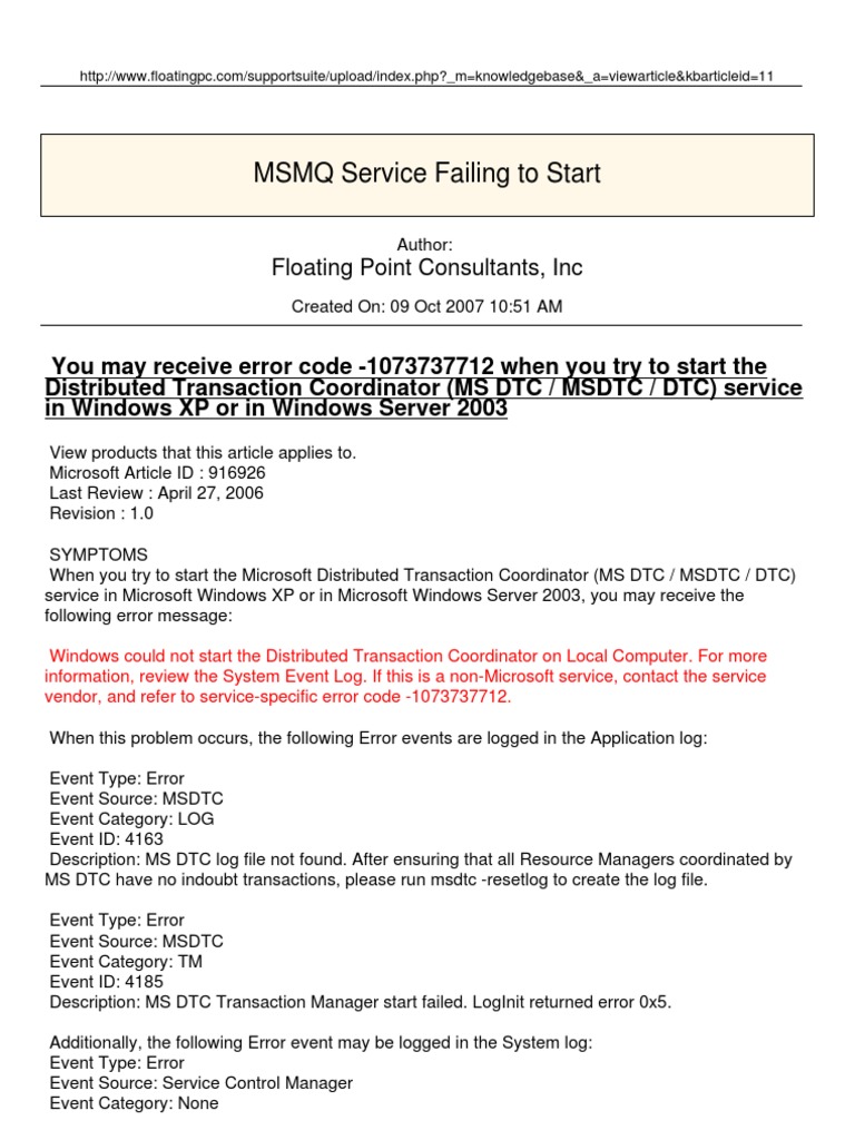 Fix MSMQ Service Error -1073737712 | PDF | Microsoft Sql Server ...