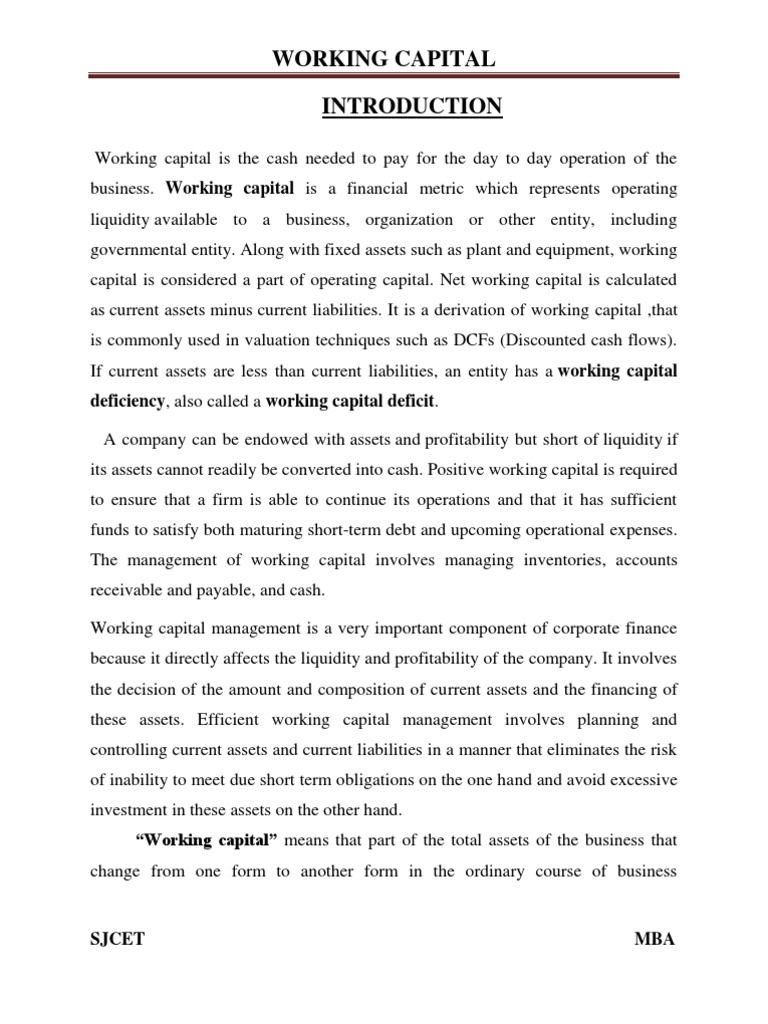 Deficiency, Also Called A Working Capital Deficit | PDF | Working ...