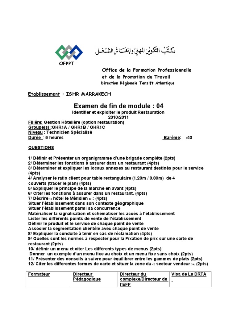 Examen Gestion Hôtelière: Restauration | PDF | Technologie et ingénierie