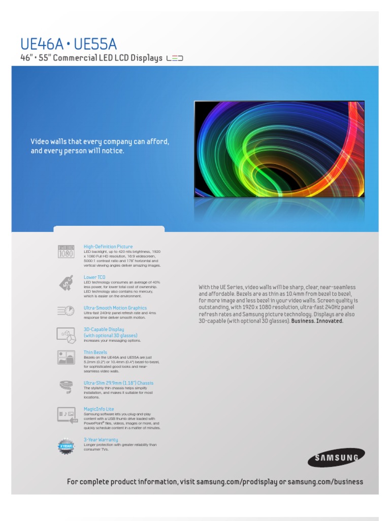 Specifications For Samsung UE46A | PDF | Video | Hdmi
