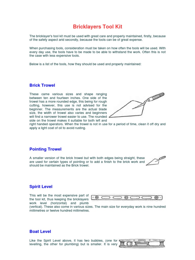 Bricklayers Tool Kit | PDF | Brick | Nature