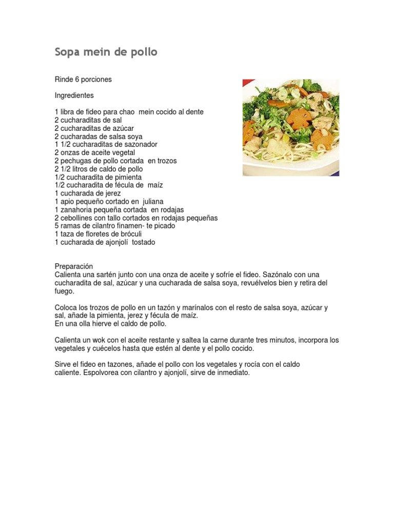 Receta de Sopa Mein de Pollo | PDF | Cocina, comidas y vino | Salud y ...