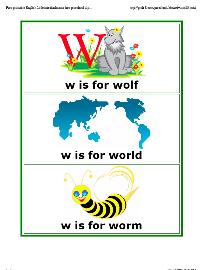 W Is For Wolf: Free Printable English 26 Letters Flashcards, Free ...