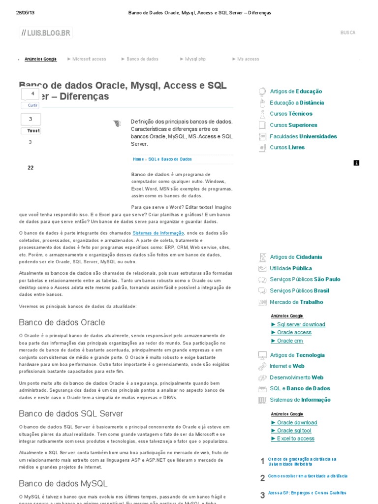 Banco de Dados Oracle, Mysql, Access e SQL Server - Diferenças | PDF ...