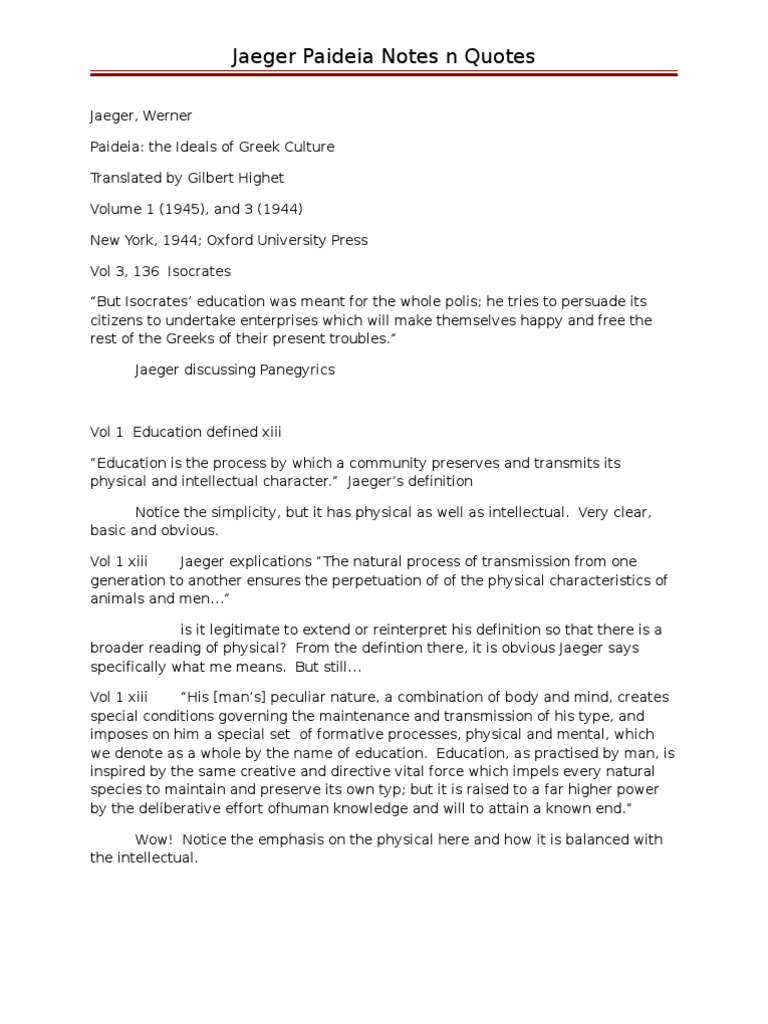 Jaeger Paideia Notes N Quotes | PDF | Mind | Metaphysics