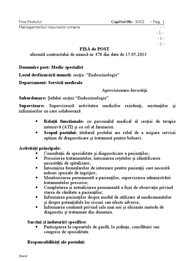 Fisa de Post Medic | PDF