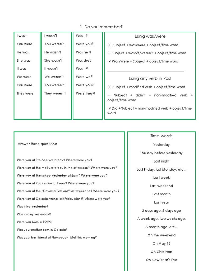 Do You Remember? Using Was/were: Time Words | PDF | Workweek And ...