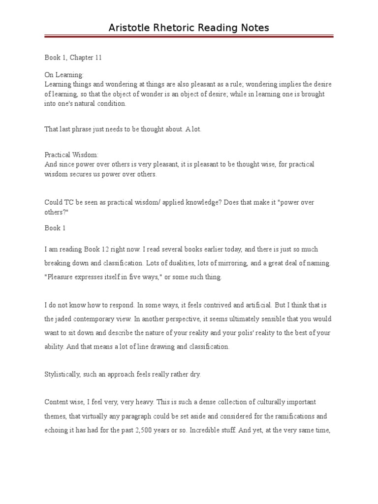 Aristotle Rhetoric Reading Notes | PDF | Rhetoric | Aristotle