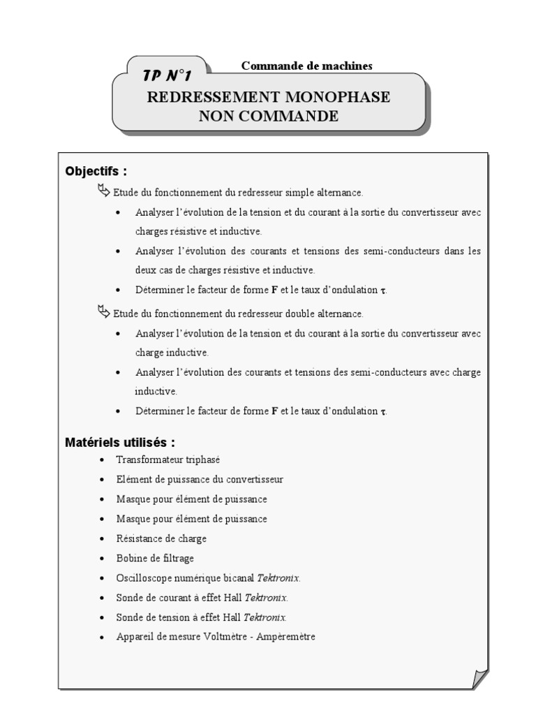 TP1 Redressement Monophase Non Commande PDF | PDF | Redresseur | Équipement