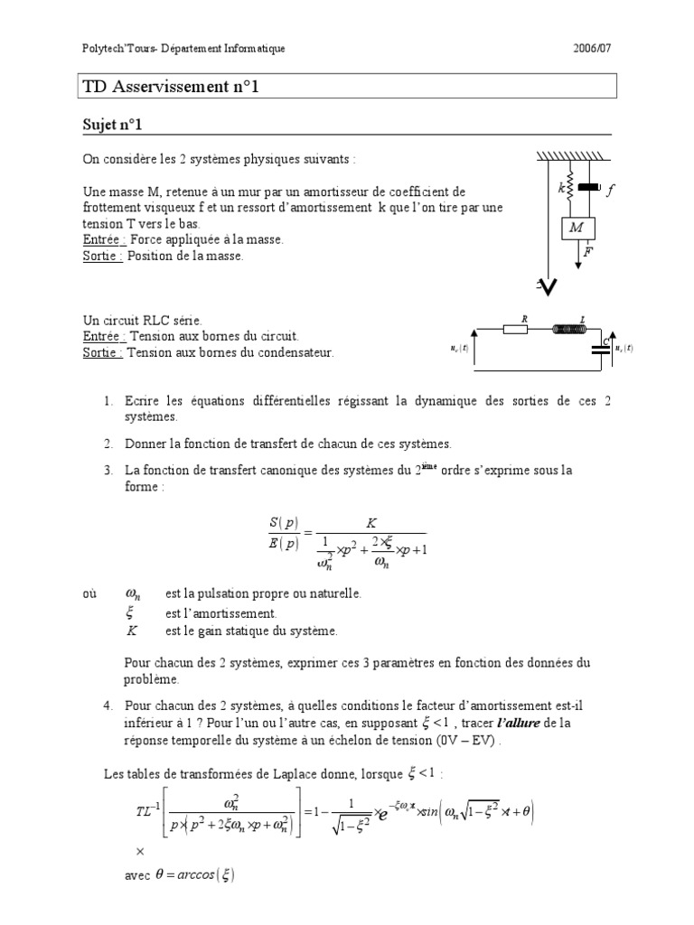 Asservissement et systèmes RLC : TD 1 | PDF | Méthodes et références pédagogiques