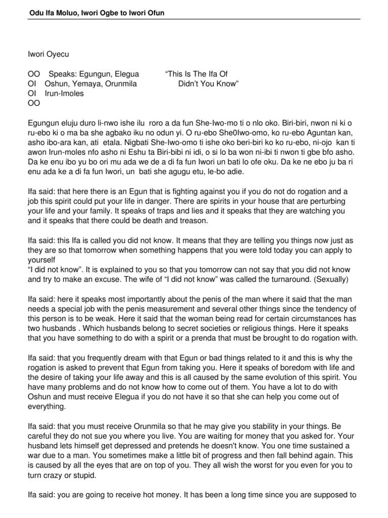 Odu Ifa Iwori Ogbe To Iwori Ofun | PDF | Language Arts & Discipline