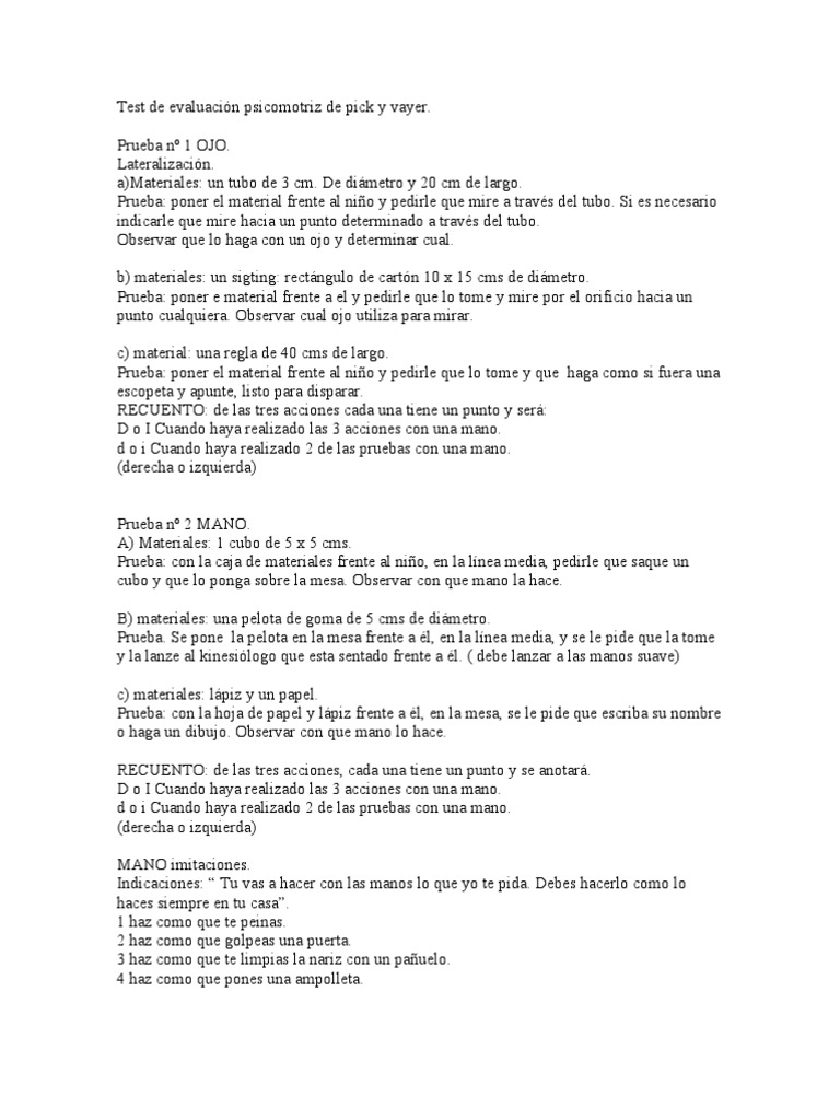 Test de Evaluacion Psicomotriz de Pick y Vayer | PDF | Rodilla | Mano