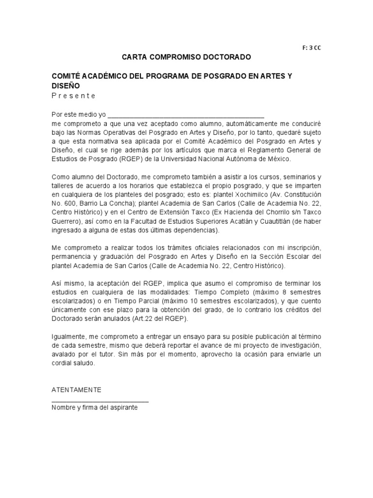 Carta Compromiso Posgrado Artes y Diseño | PDF | Universidad ...