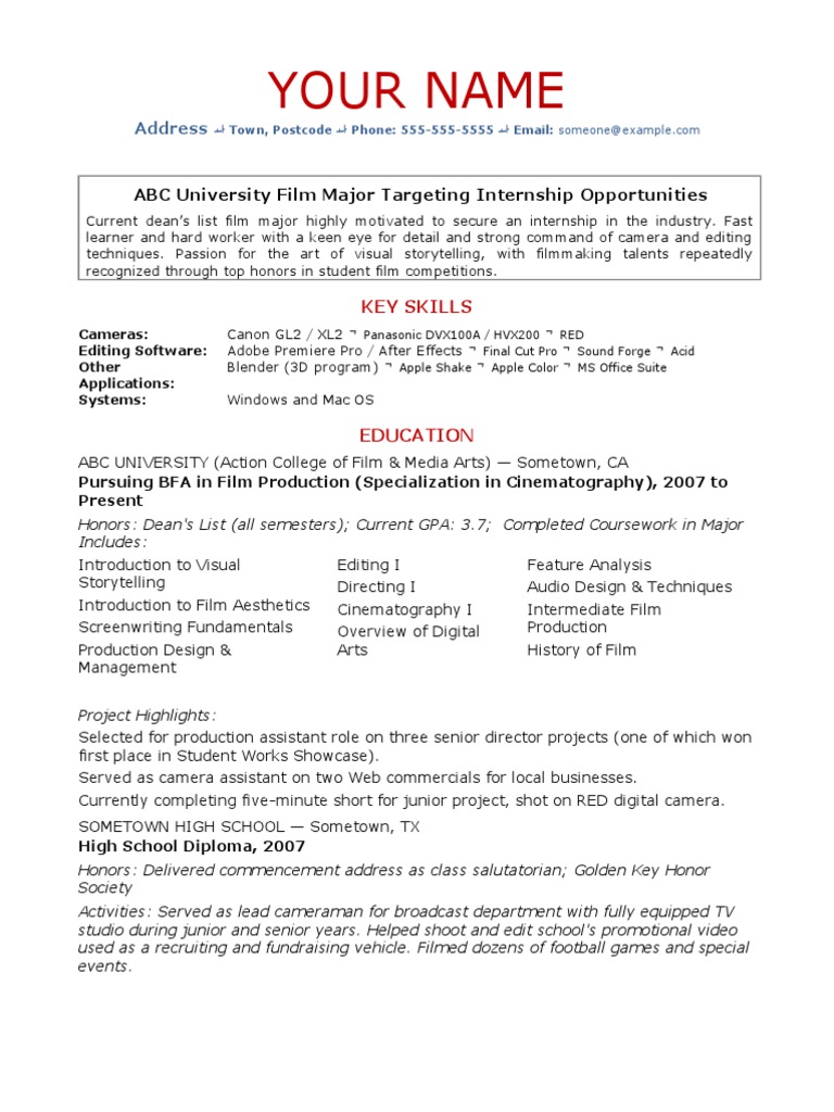 Film Company Intern CV Template | PDF | Filmmaking | American ...