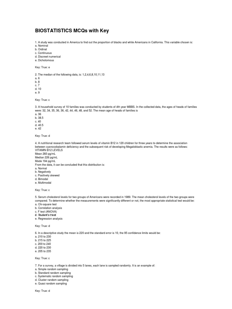 Biostatistics Mcqs With Key Pdf Mode Statistics Mean