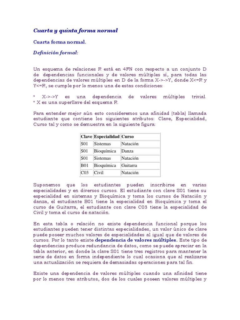 Cuarta y Quinta Forma Normal | PDF | Tabla (base de datos) | Áreas de ...