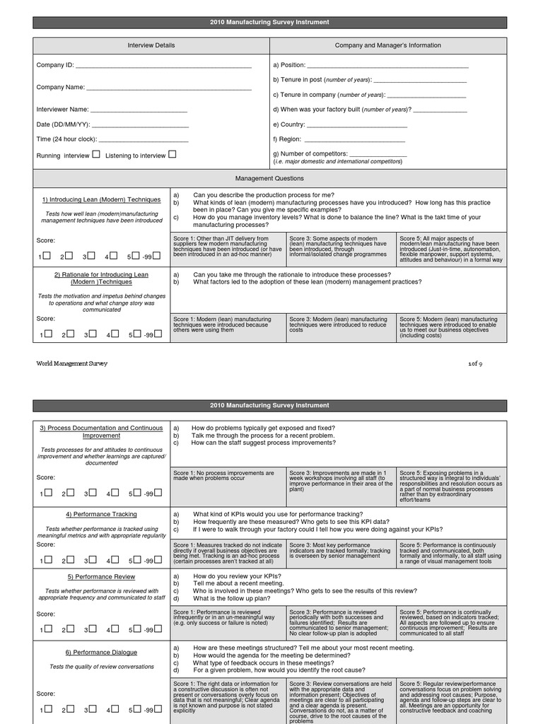 Manufacturing Survey Instrument | PDF | Lean Manufacturing ...