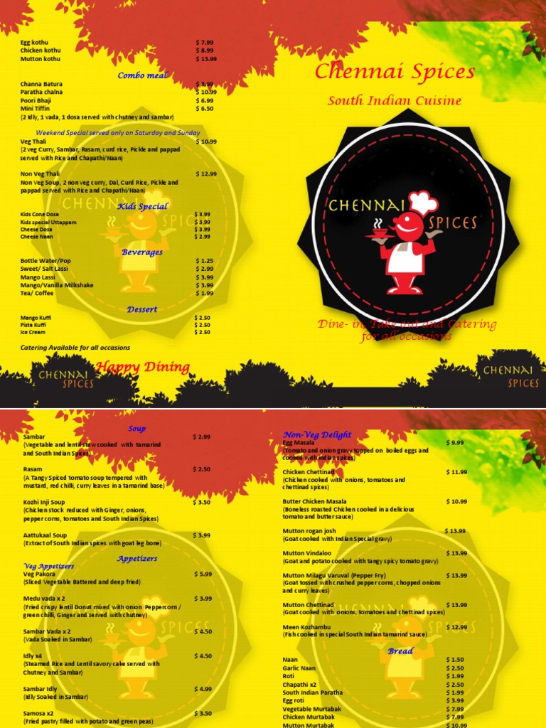 Chennai Spices Menu | PDF | Indian Cuisine | Curry