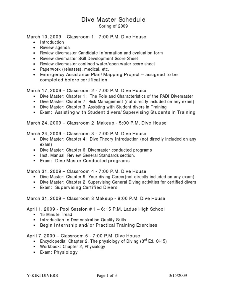 PADI Divemaster Course Schedule 2009 | PDF | Underwater Diving ...