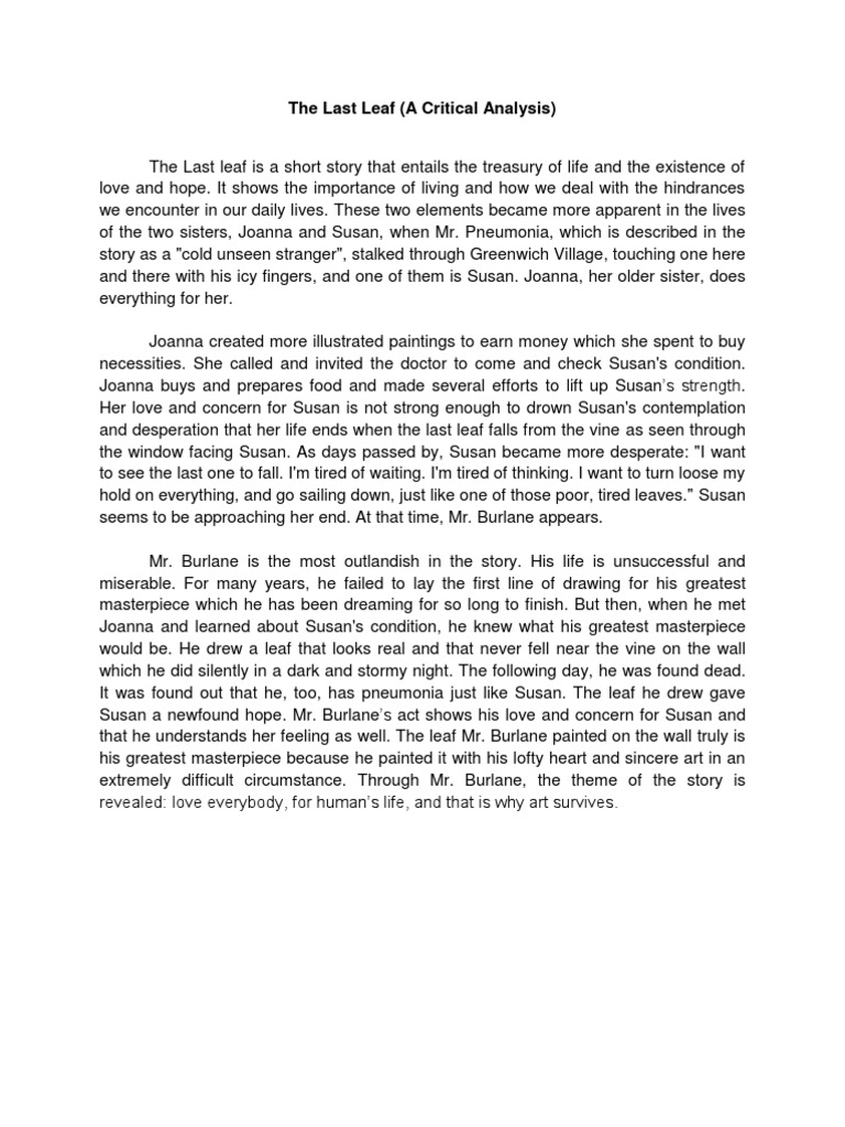 The Last Leaf (A Critical Analysis) | PDF