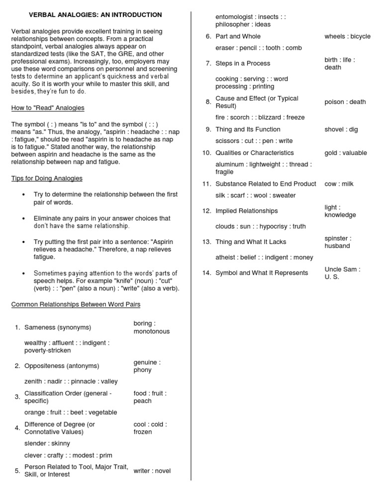 Verbal Analogies: An Introduction | PDF | Analogy | Test (Assessment)