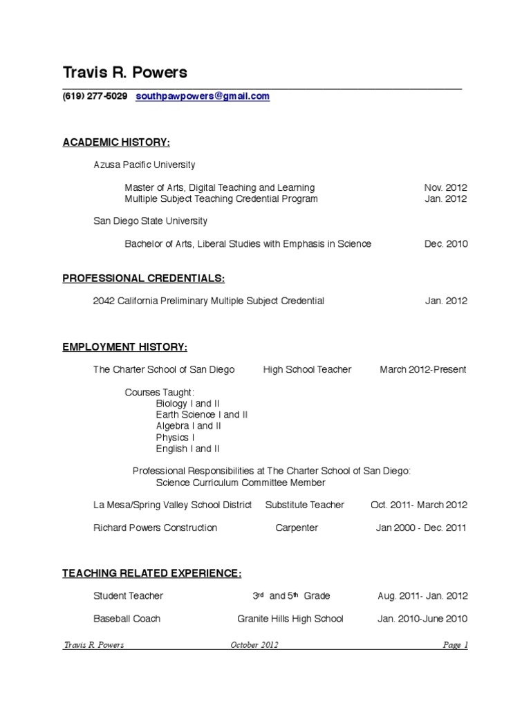 Travis R. Powers: Educator Resume | PDF | Language Arts & Discipline