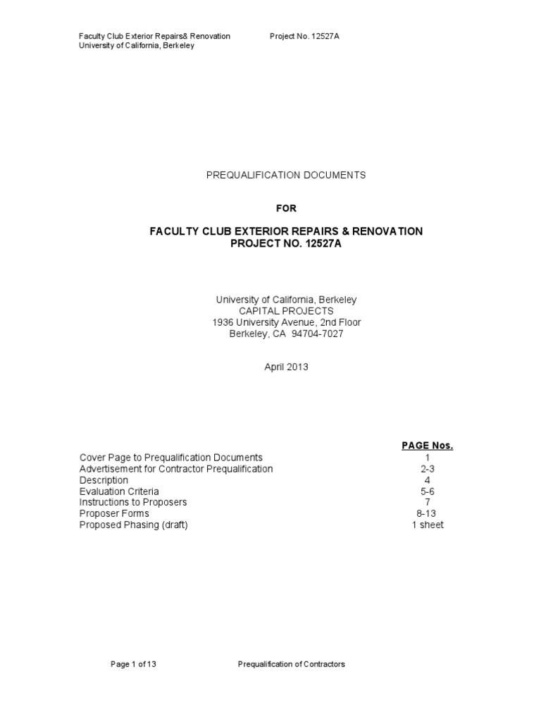 Pre-Qualification Document | University Of California | General Contractor