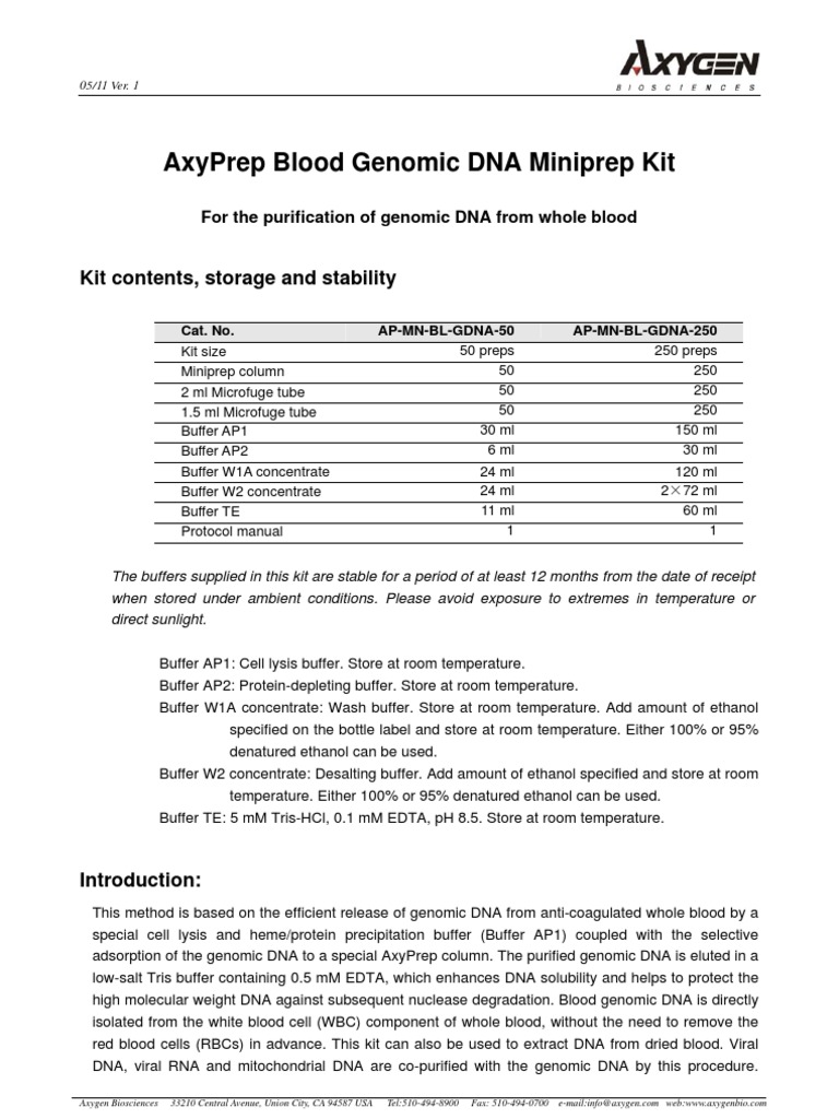 Protocol AxyPrep Blood Genomic DNA Miniprep | Dna | Earth & Life Sciences