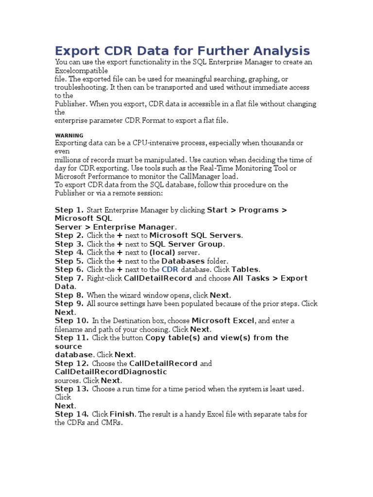 Export CDR Data For Further Analysis | PDF | Microsoft Sql Server ...