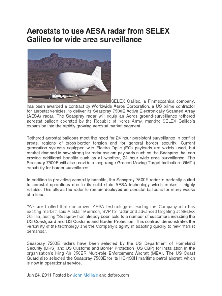 SELEX Galileo's Seaspray Radar for Aerostats | PDF