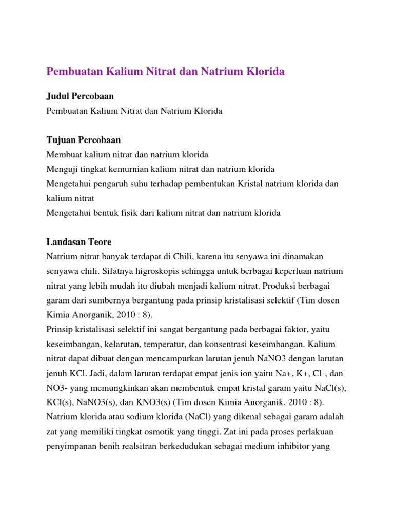 Pembuatan Kalium Nitrat Dan Natrium Klorida | PDF