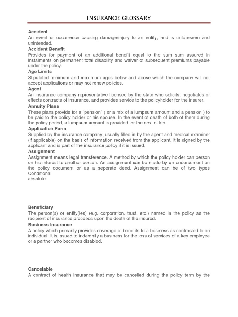 Insurance Glossary: Accident | PDF | Life Insurance | Reinsurance