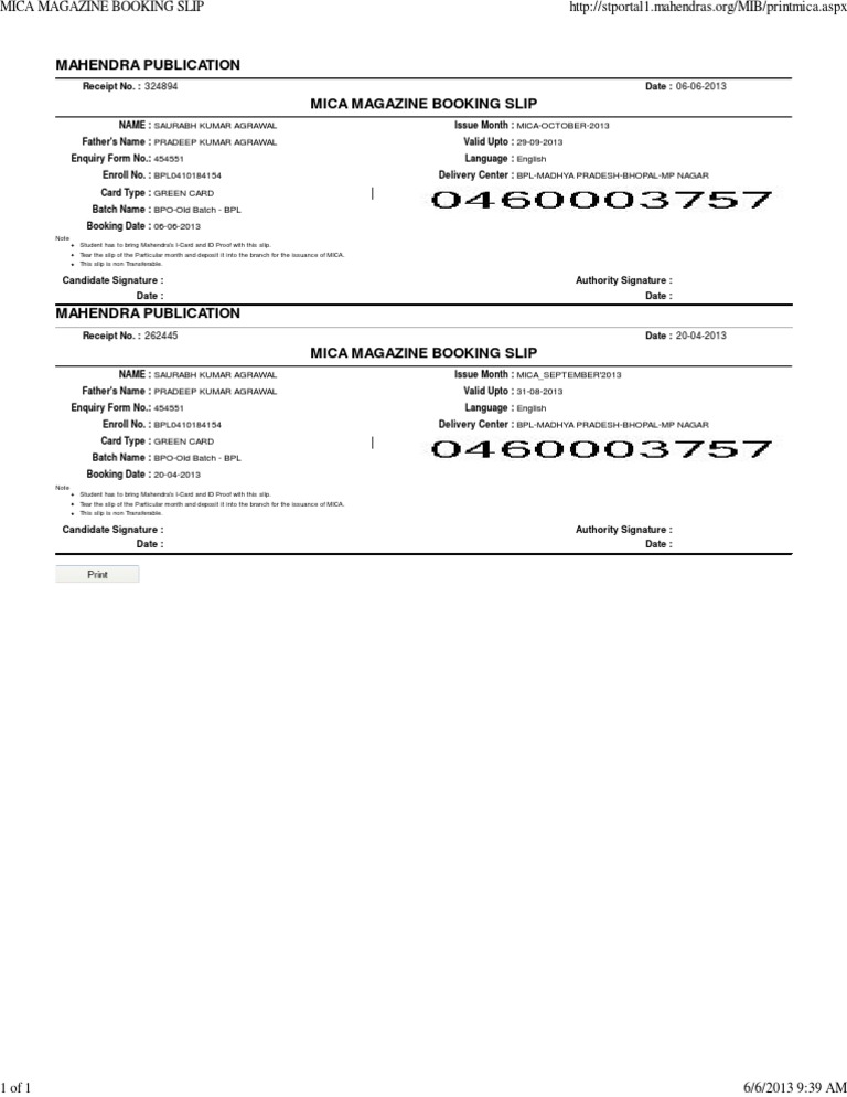 Mica Magazine Booking Slip Sep Oct 2013 | PDF