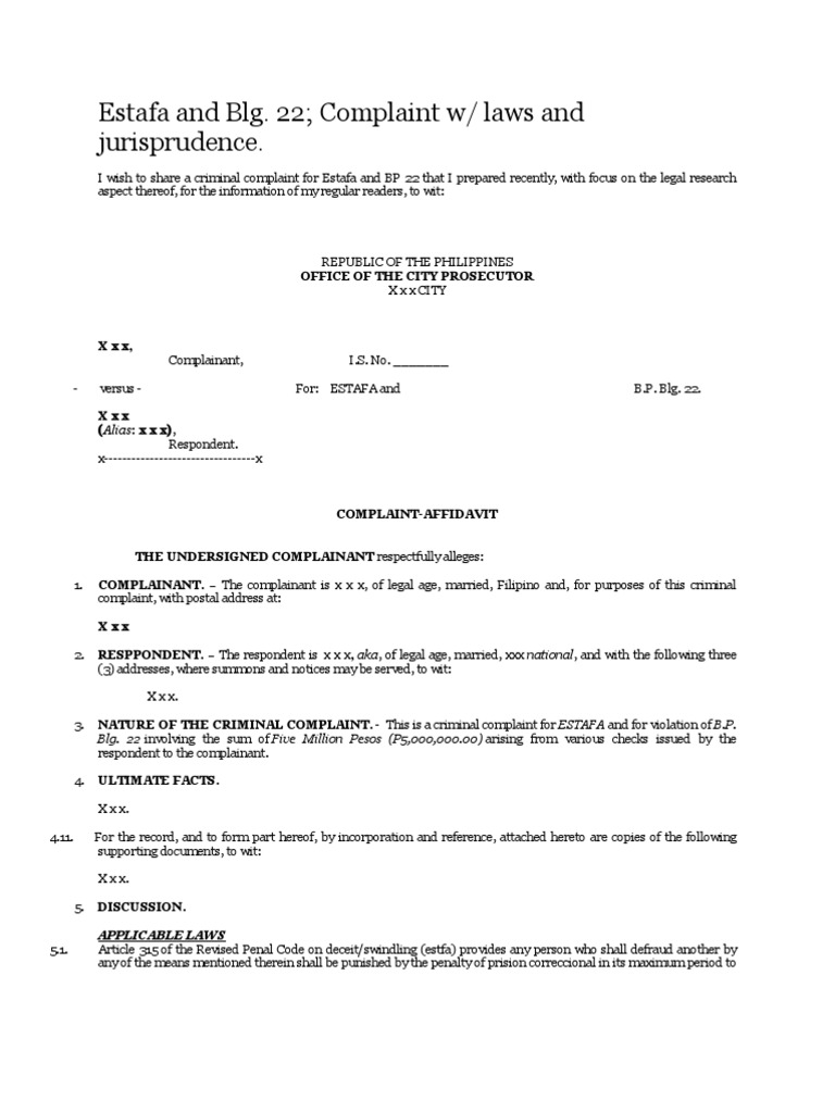 Complaint Affidavit - Estafa and BP 22 | PDF | Fraud | Cheque