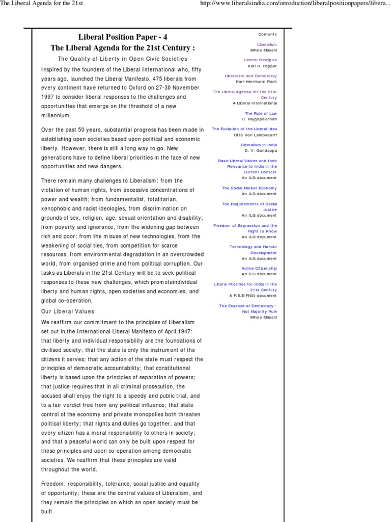 Liberal Agenda for the 21st Century | PDF | Liberalism | Liberal Democracy