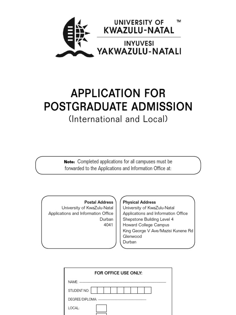 UKZN Postgraduate Admission Application | PDF | Postgraduate Education ...
