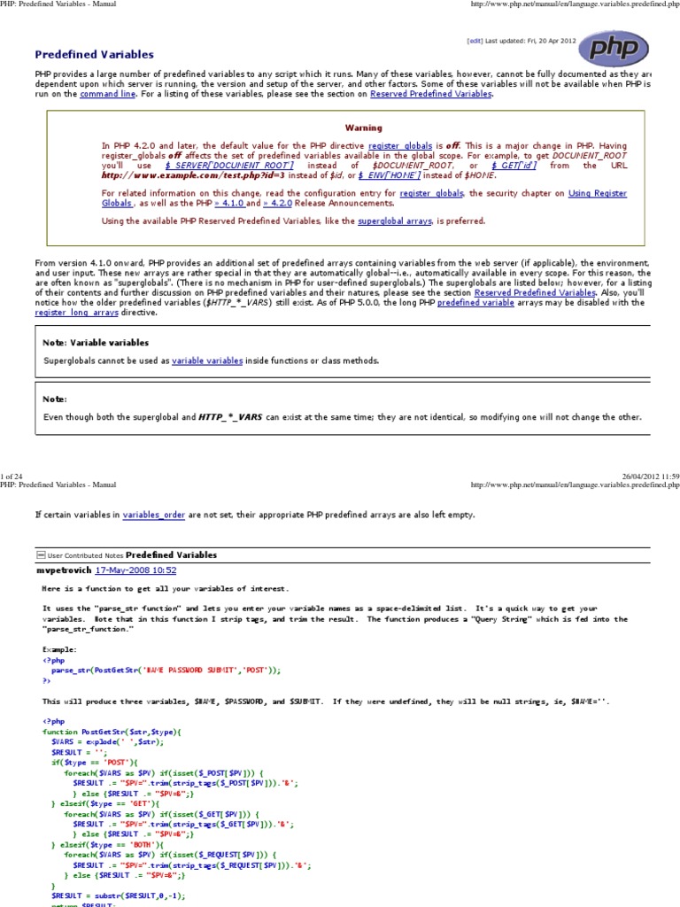 020PHP - Predefined Variables - Manual | PDF | Php | Computer Data