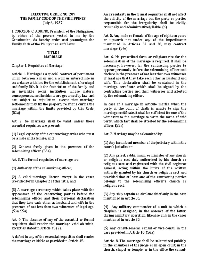Family Code of The Philippines | PDF | Marriage License | Annulment
