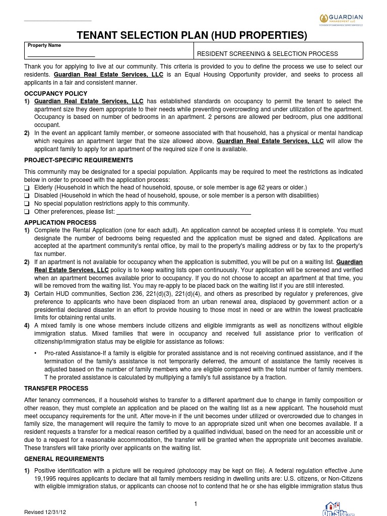 HUD Tenant Selection Plan | PDF | Section 8 (Housing) | Rehabilitation ...