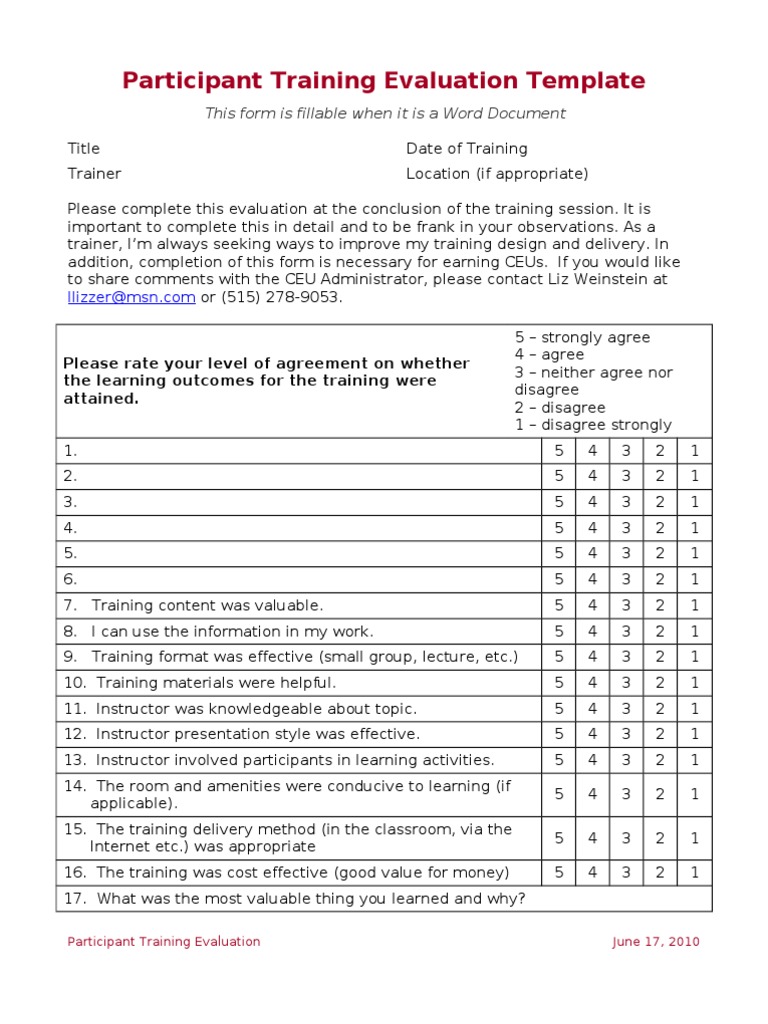 Participant Training Evaluation Template | PDF | Career & Growth