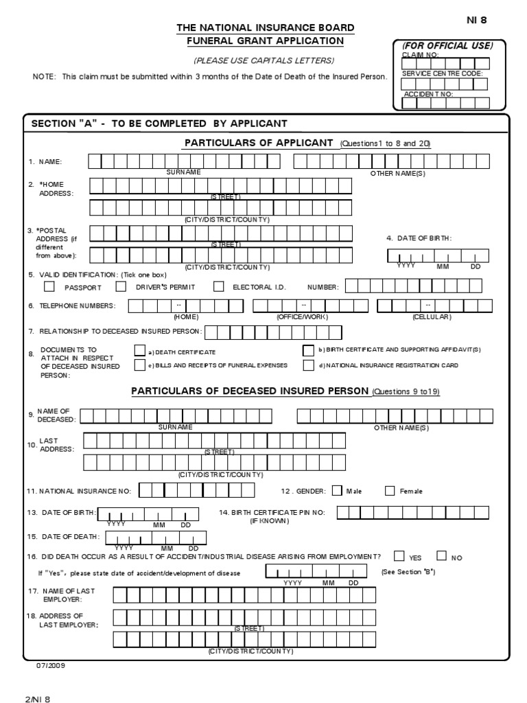The National Insurance Board Funeral Grant Application NI8: (Please Use ...