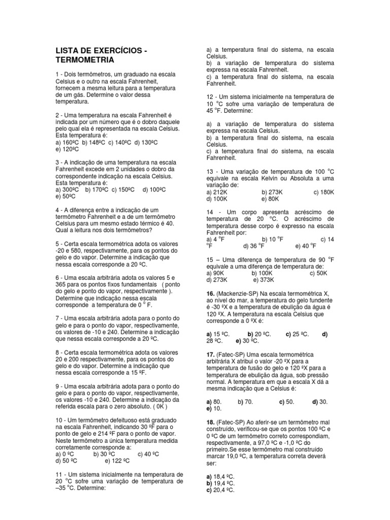 Lista de exercícios sobre conversão entre escalas termométricas | PDF ...