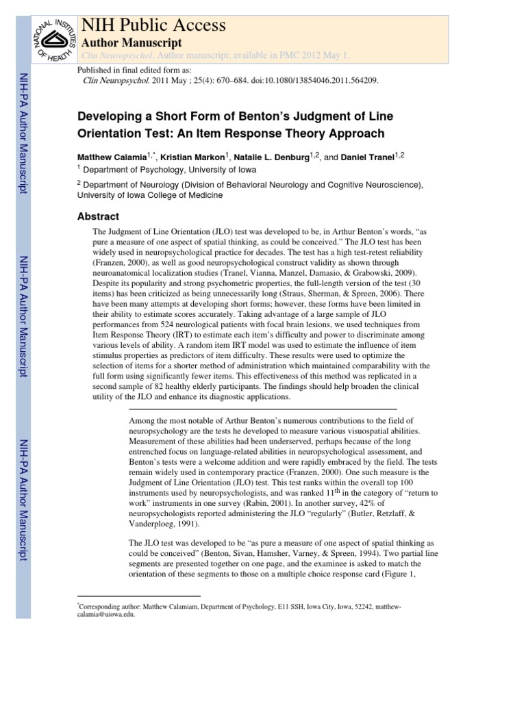 Benton Judgment of Line Orientation | Tests | Psychological Testing