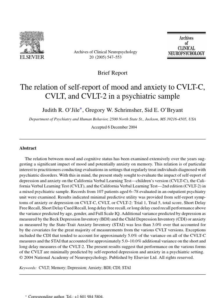 CVLT | PDF | Major Depressive Disorder | Intelligence Quotient
