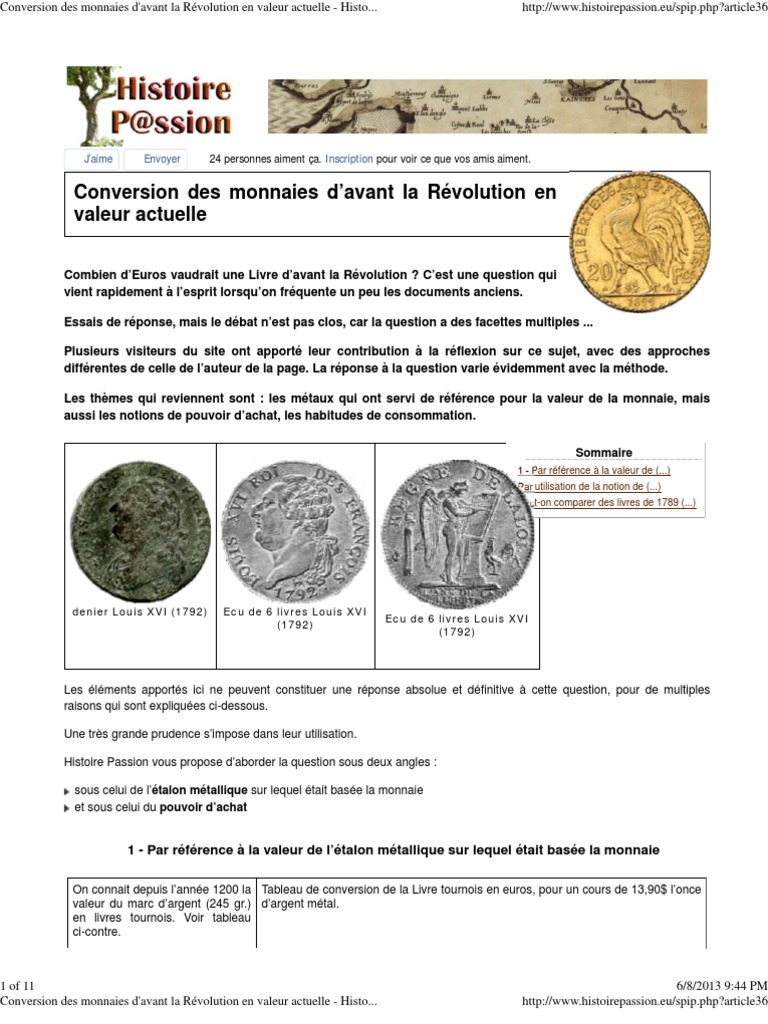 Conversion Des Monnaies D'avant La Révolution en Valeur Actuelle | PDF ...